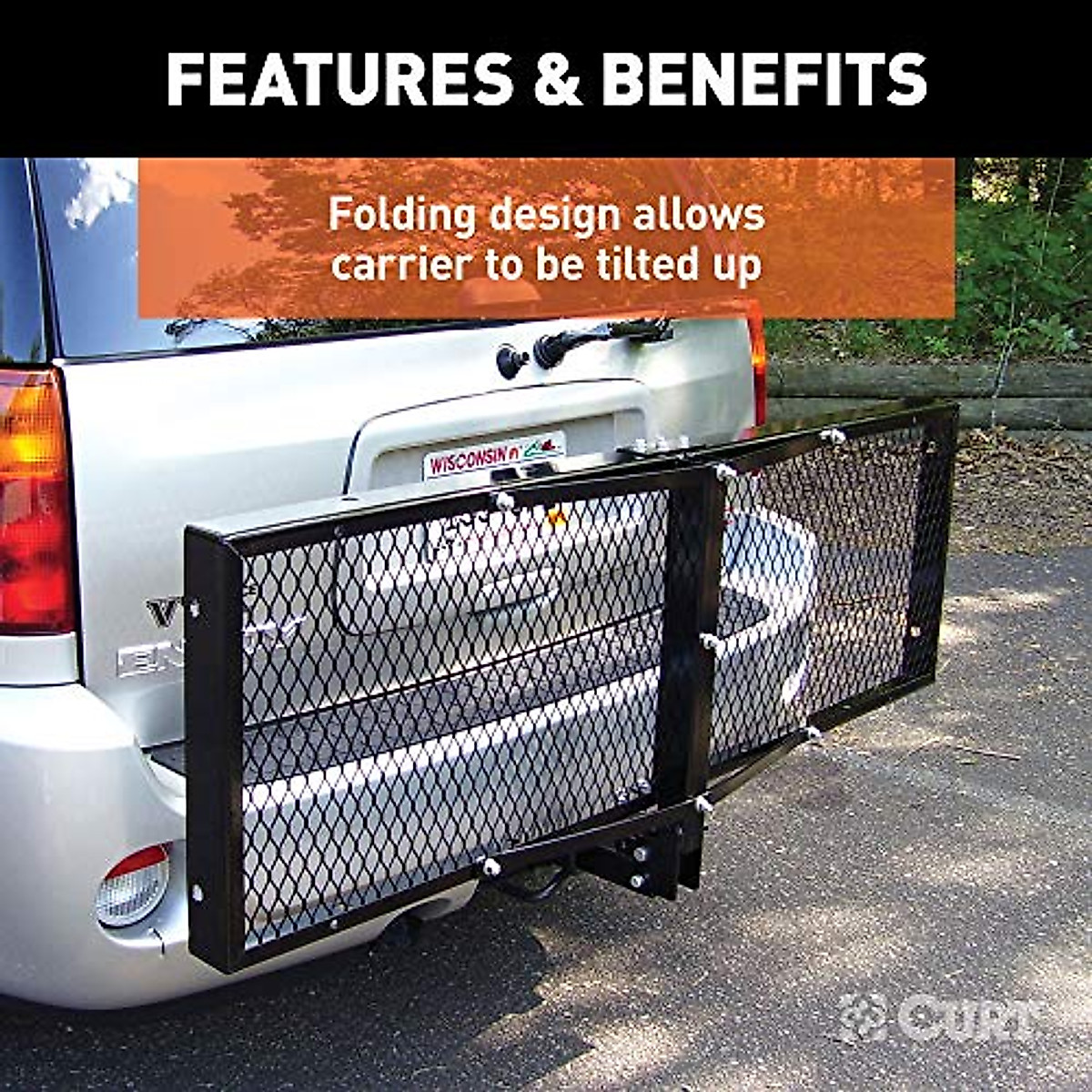 CURT 18109 60 x 20-Inch Tray Hitch Cargo Carrier, 500 lbs Capacity, Black Steel, 2-in Folding Shank