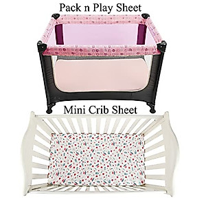 Tontukatu Pack n Play Sheet Stretchy Fitted Portable Mini Crib Sheets Set 3 Pack,Playard Sheets Convertible Playard Mattress Cover,Ultra Soft Jersey Material,Floral,Grey Rabbit & Pink