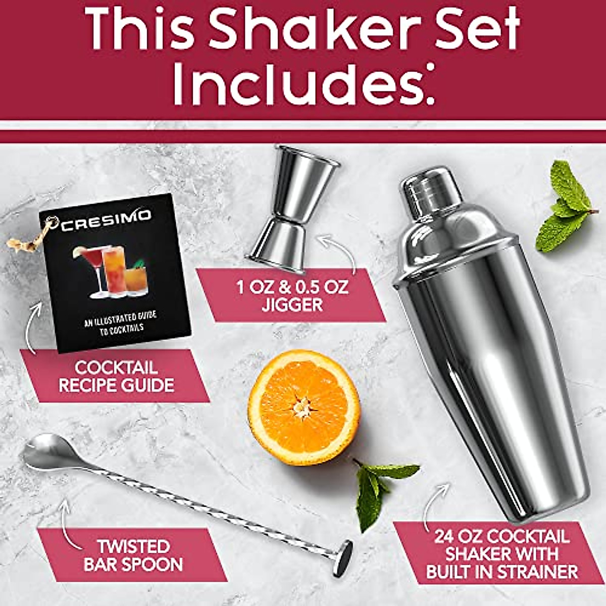 24oz Cocktail Shaker Set with Bar Accessories for Home Bar Shaker Set - Martini Shaker, Jigger, Drink Shaker Mixer Spoon - Alcohol Shaker Bartender Gift - Bartending Kit Essential for Home - Cresimo