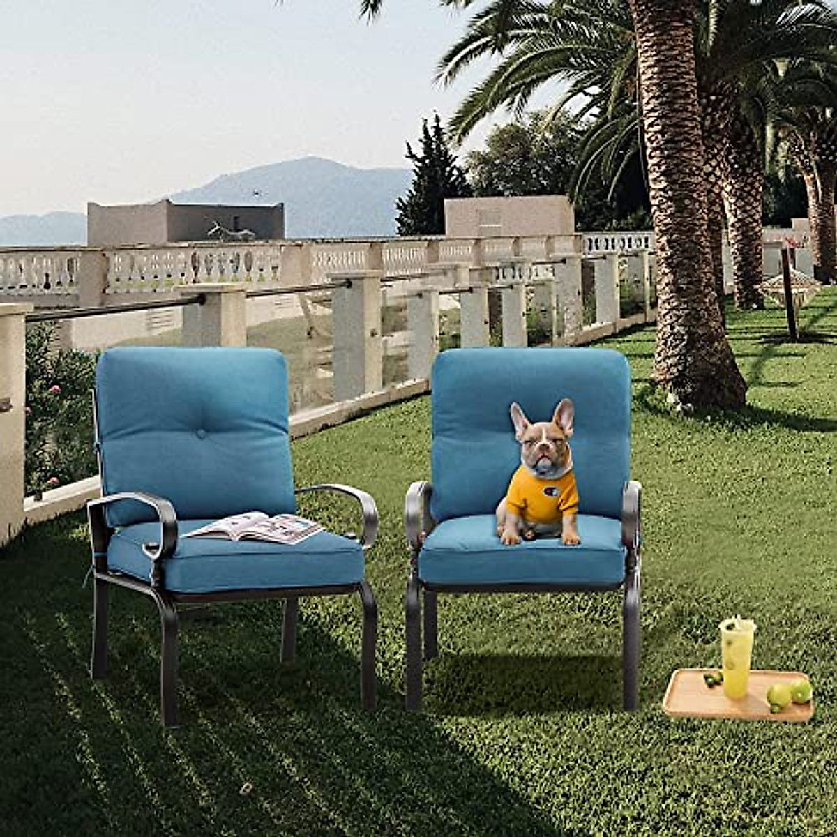 Incbruce Metal Outdoor Dining Chairs Patio Chairs Set of 2, Wrought Iron Chair Steel Frame Restaurant Chair, All-Weather Garden Seating Chair with Arms and Seat Cushions (Peacock Blue)