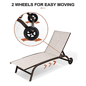 Crestlive Products Aluminum Chaise Lounge Chairs with Wheels Outdoor Adjustable Recliner Five-Position and Full Flat All Weather for Patio, Beach, Yard, Pool (2PCS Beige)