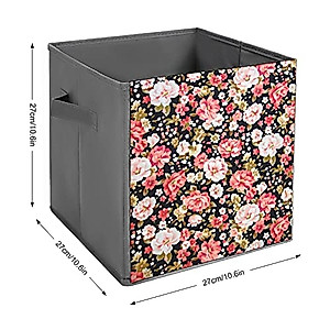 Red and Pink Floral PU Leather Collapsible Storage Bins Canvas Cube Organizer Basket with Handles