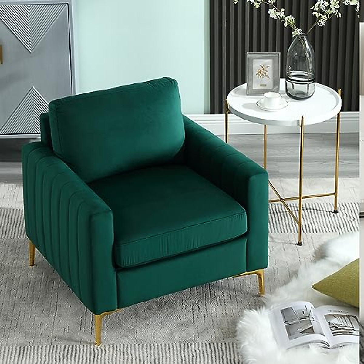 Deolme Velvet Accent Chairs Set of 2, Mid Century Modern Side Sofa Chair Comfy Upholstered Arm Chairs Living Room Set Furniture Bedroom Waiting Room Office with Gold Legs (Emerald Green)