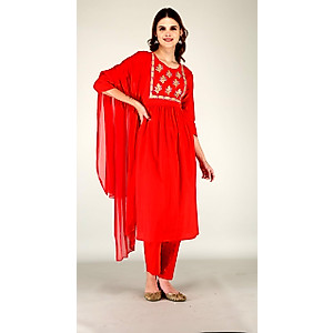 MAHICH WOMEN'S Rayon Anarkali Kurti, Plazzo with Dupatta Set (L) Red