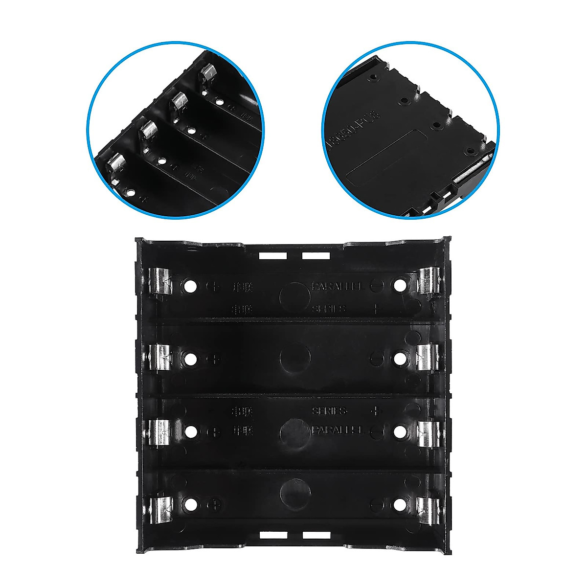 Coliao 6pcs 18650 Battery Case Holder 4 Slots X 3.7V 18650 Battery Storage Box, in Parallel Black Plastic Batteries Clip Box with Pin for DIY Parallel or Series Circuit PCB Projects