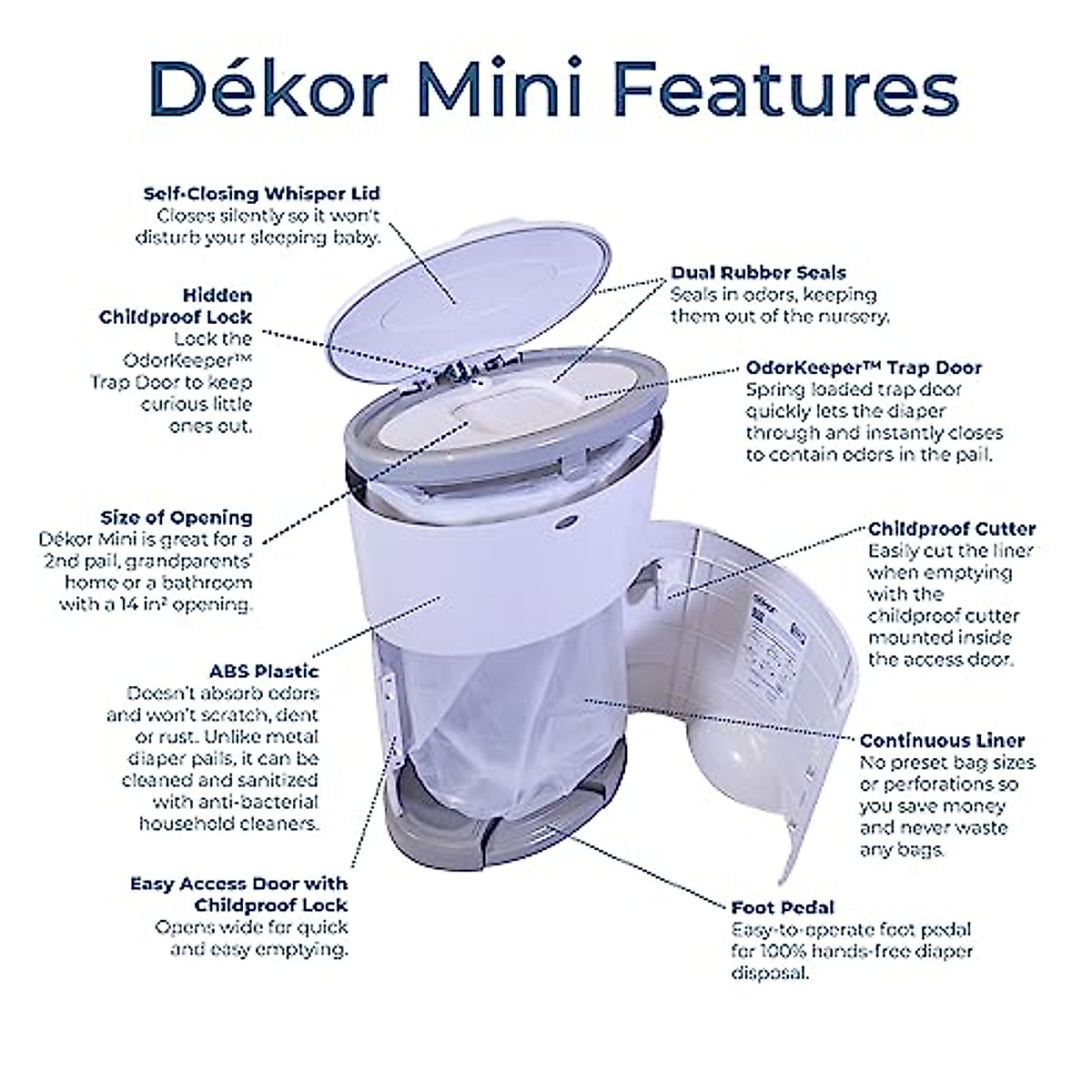 Dekor Mini Hands-Free Diaper Pail | White | Easiest to Use | Just Step – Drop – Done | Doesn’t Absorb Odors | 20 Second Bag Change | Most Economical Refill System