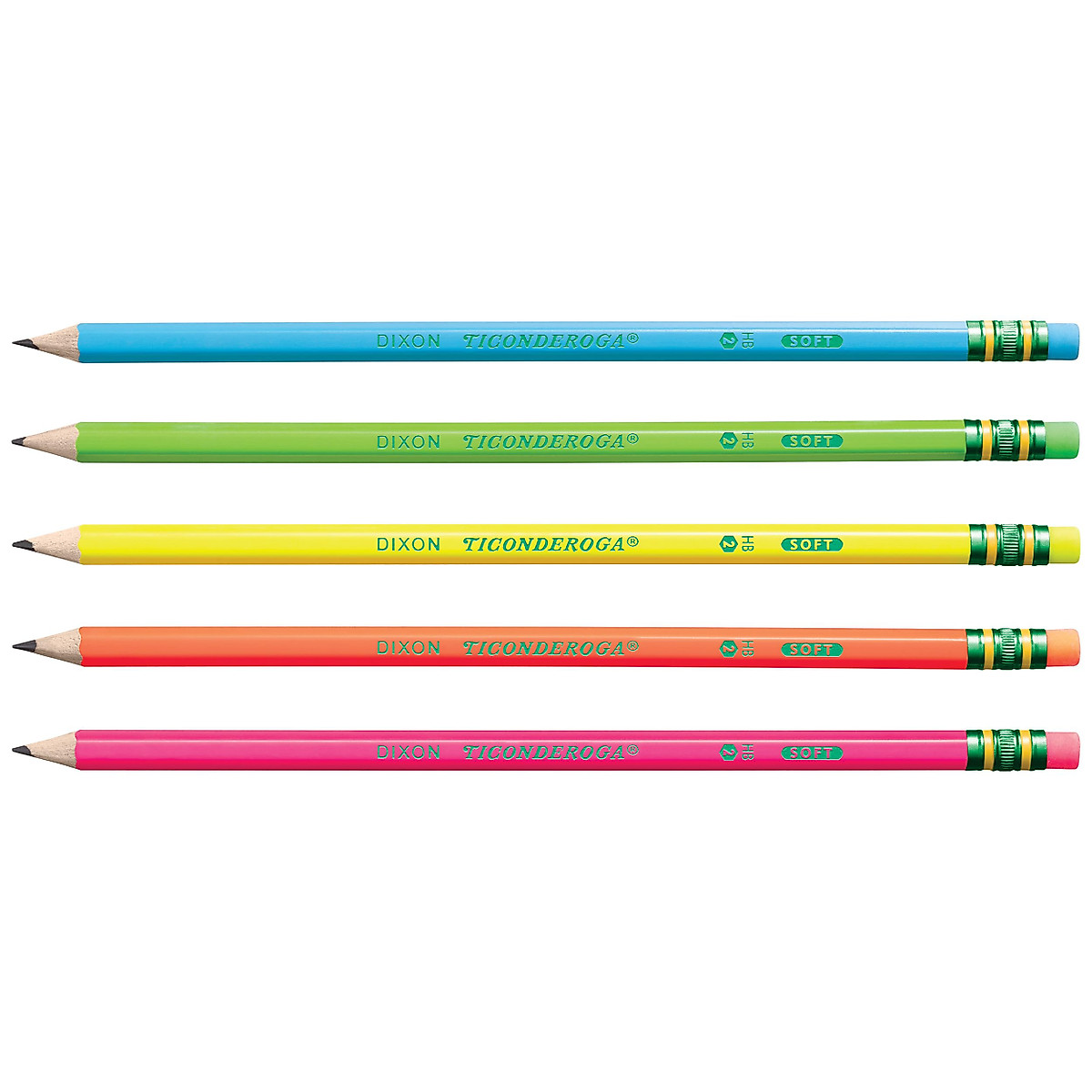 Ticonderoga Wood-Cased Pencils, Pre-Sharpened, 2 HB Soft, Neon Colors, 18 Count