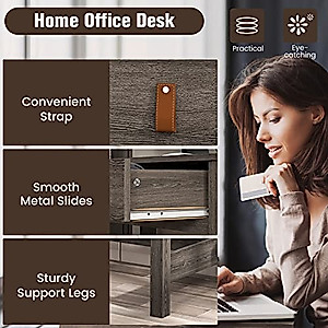 Tangkula Mid-Century Computer Desk with 2 Storage Drawers, Modern Home Office Desk with Storage Cubby, Study Writing Desk, Compact Laptop PC Desk Workstation, Wooden Vanity Desk for Bedroom (Grey)