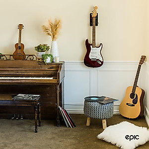 Guitar Wall Mount Hanger Black with Large Storage Compartment Shelf for Guitar Accessories Guitar Mount Guitar Holder Guitar Shelf Guitar Hooks for Wall No Drill Guitar Hanger