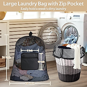 OTraki Mesh Laundry Bag Backpack 36 x 28 Inch Extra Large Drawstring Mesh Wash Bag with Shoulder Straps Zipper Pocket Heavy Duty Dirty Clothes Travel Laundry Bag for Home College Dorm Apartment Black