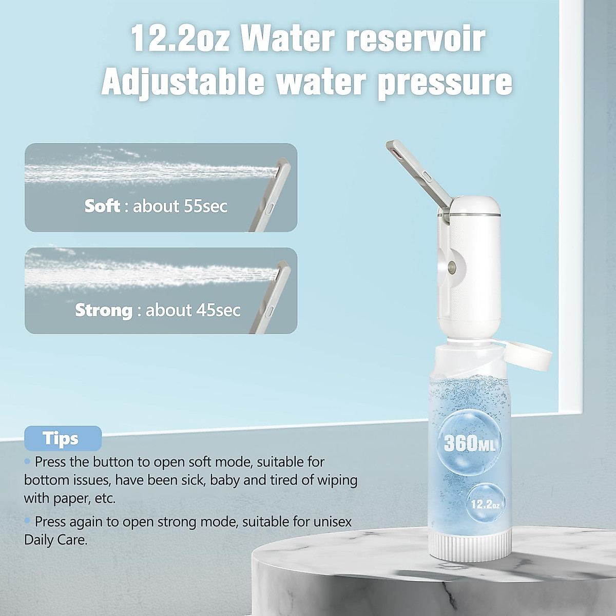 Portable Bidet for Travel, 12.2oz/360ml Travel Bidet, IPX6 Waterproof & Handheld, Rechargeable Electric Bidet for Personal Hygiene Cleaning, Soothing Postpartum,Hemorrhoid and Perineal Care