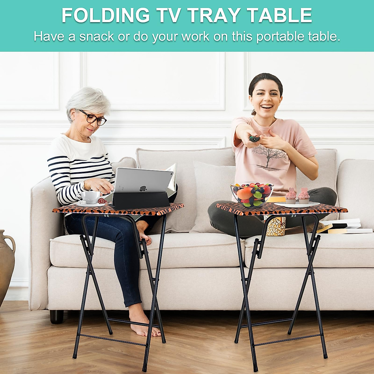 fusehome Folding TV Tray Table, TV Tray for Eating on Couch, Small Folding Table, Portable Tray Table Couch Desk, Foldable Snack Table, with Leopard Print, for Bed & Sofa, Living Room, Bedroom
