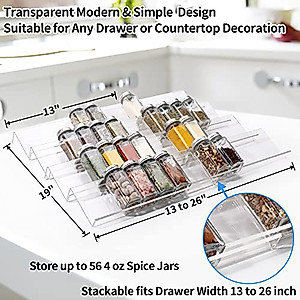 Clear Acrylic Spice Drawer Organizer, 4 Tier- 2 Set Expandable From 13" to 26" Seasoning Jars Drawers Insert, Kitchen Spice Rack Tray for Drawer/Countertop (Jars not included)