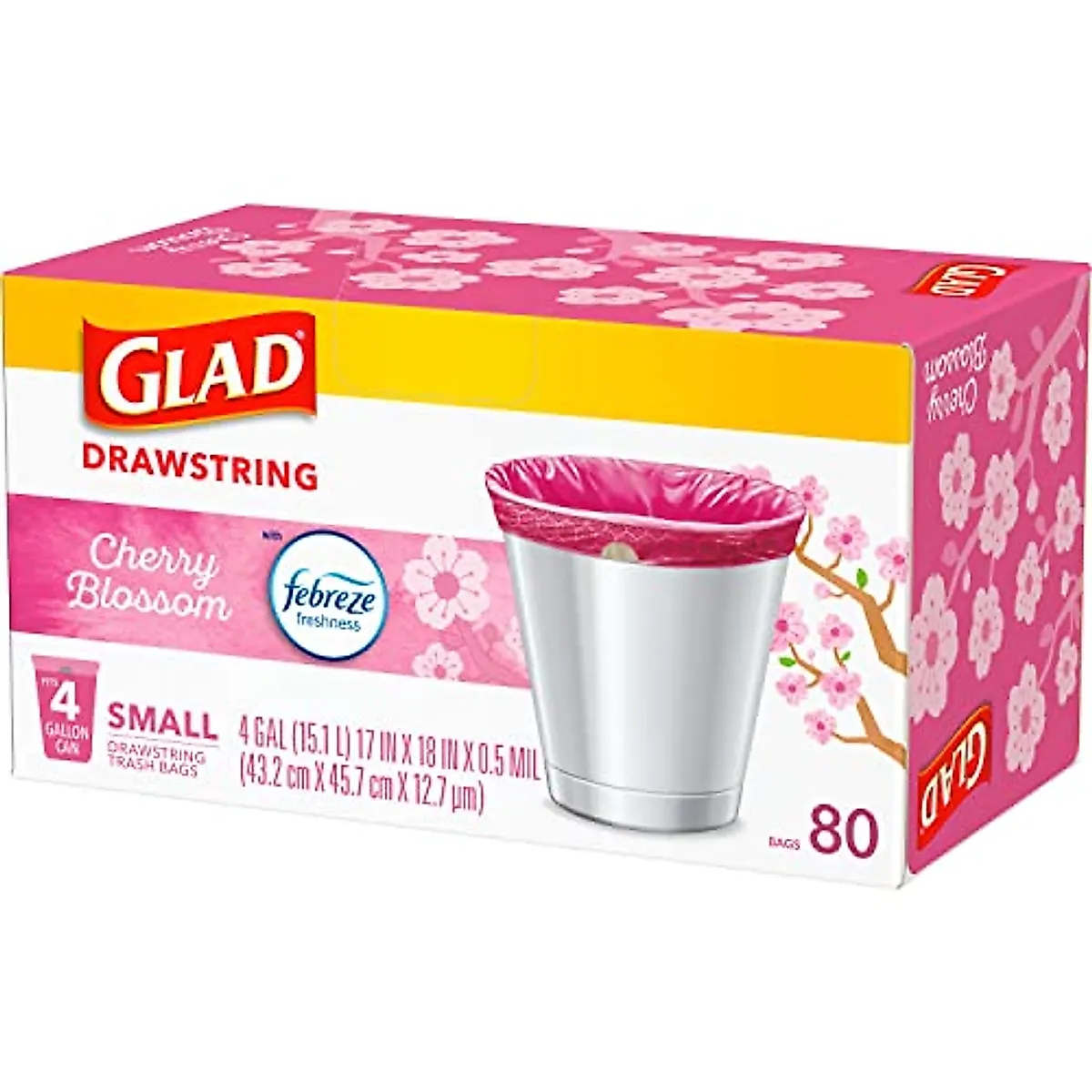 Glad Odorshield Small Drawstring Trash Bags, 4 Gal, Pink, Cherry Blossom, 80 Ct, Pack May Vary