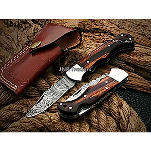 JNR TRADERS Damascus Pocket Knife with Sheath, Folding Knife, Handmade Small Folding Pocket Knife with Sheath, Wood Handle 2397