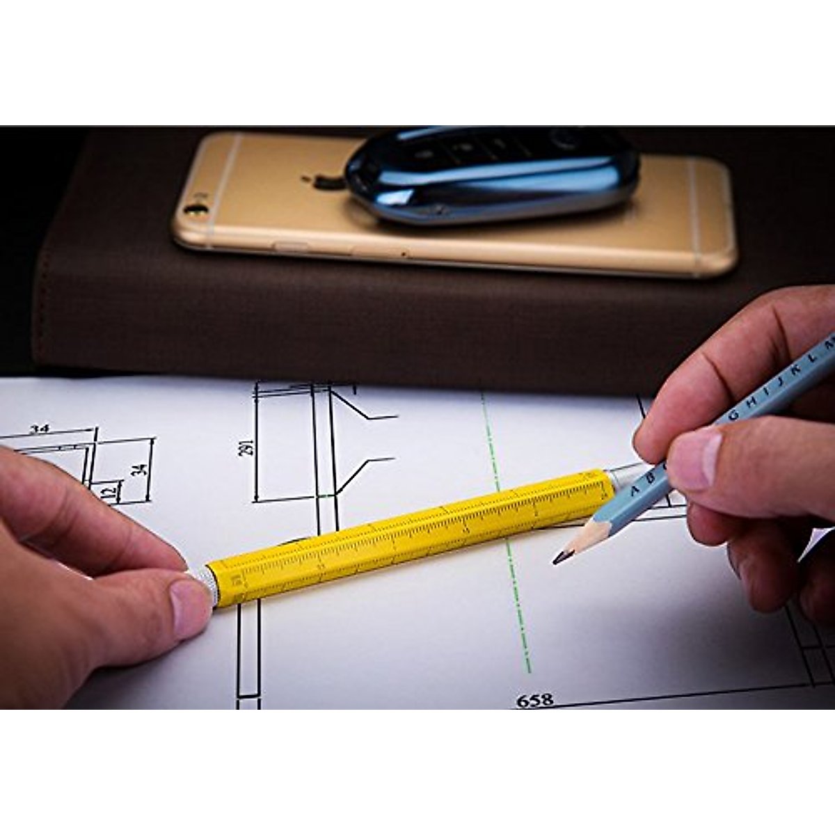 Multi-word 6 in 1 Multi Function Tool Ballpoint Pen with Ballpoint, Ruler, Screwdriver, A Flat Head, Touch-Screen Pen, Levelgauge (2PCS Yellow)