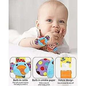 Soft Baby Rattle Toys, Wrist Rattle Foot Sock Rattles, Hand Arm Leg Ankle Handheld Rattles for Infants, Sensory Plush Animal Toys for Newborn Baby Girls and Boys (A8)