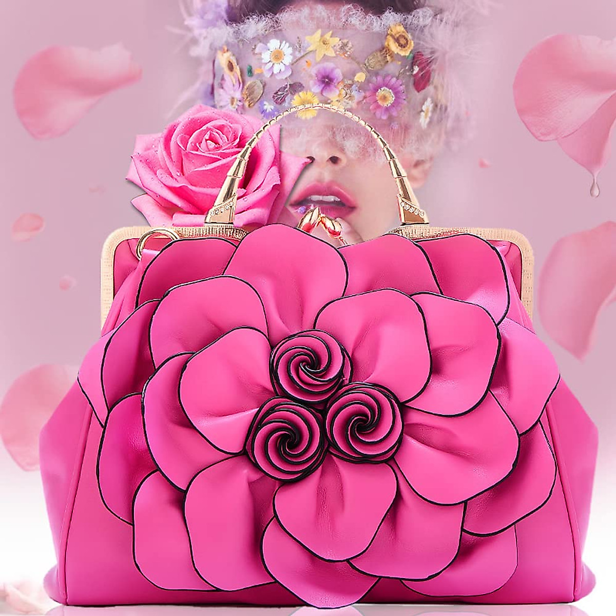 ZiMing Women Top Handle Handbags 3D Floral Genuine Leather Tote Bags Kiss Lock Evening Handbag Stylish Satchel Shoulder Bag Crossbody Bag Premium Purse for Party Wedding-Rose red