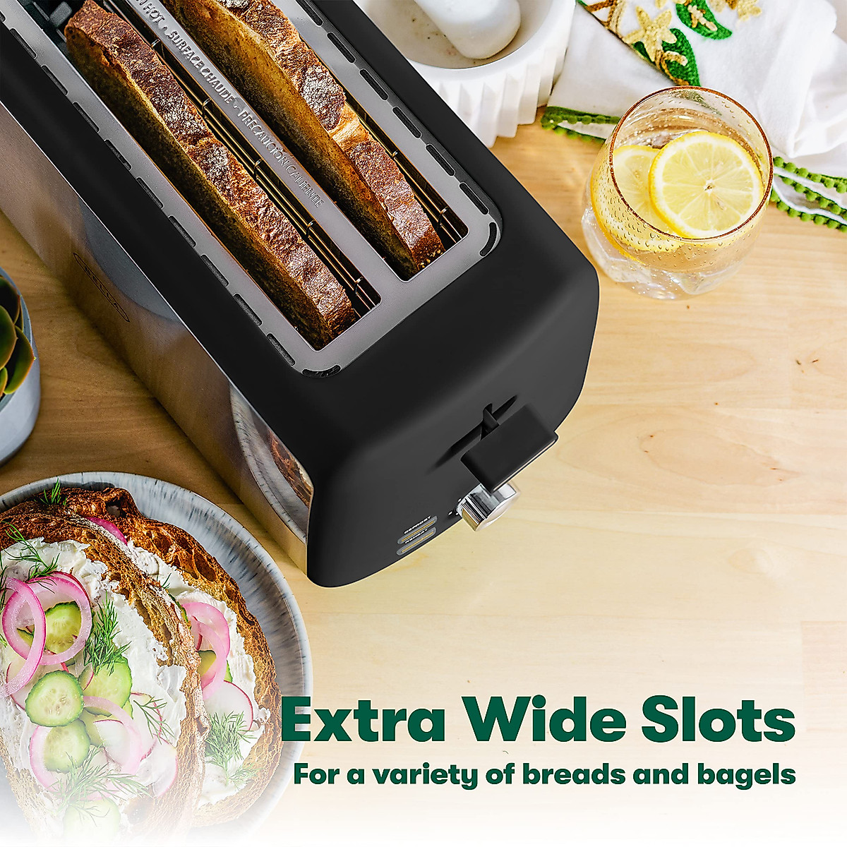 BELLA 4 Slice Toaster, Long Slot & Removable Crumb Tray, 7 Shading Options with Auto Shut Off, Cancel & Reheat Button, Toast Bread & Bagel, Stainless Steel & Black