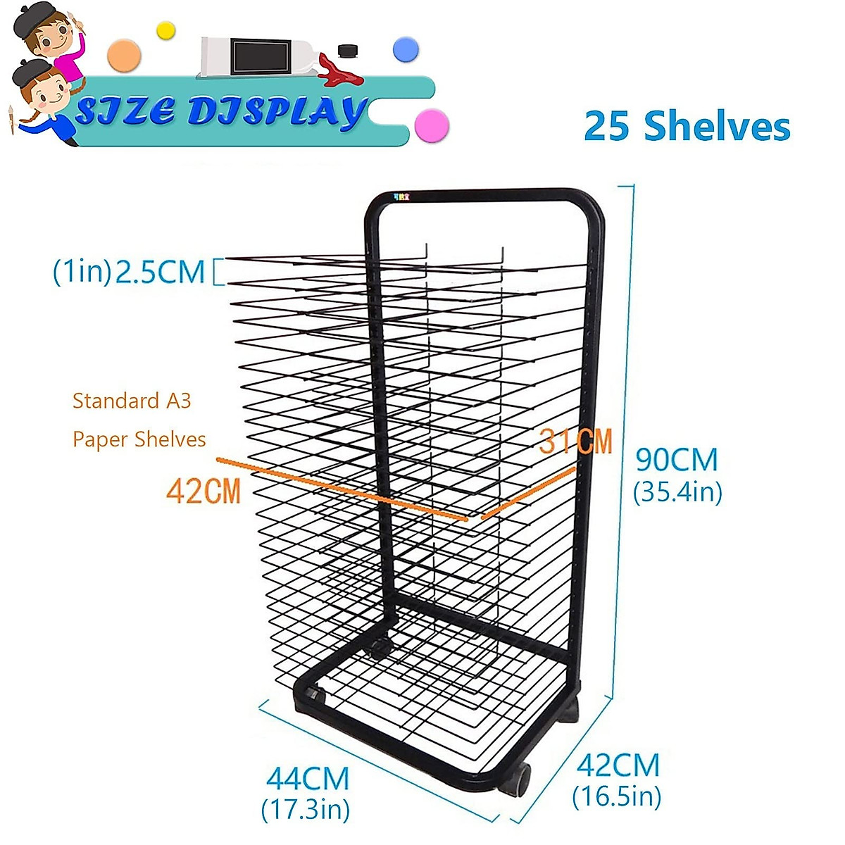 Wire Art Drying Rack for Classrooms Painting Crafts, Stackable Flexible Shelves Metal Steel Mobile Art Rack Artwork Canvas Storage Display Rack with Wheels for Art Studio (Size : 25 Shelves)