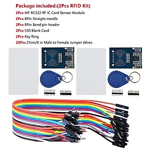 WWZMDiB 2 Pcs MFRC522 RFID Kit for Arduino Raspberry Pi（RC522 IC Card Sensor Module + S50 Blank Card + Key Ring + Jumper Wires）