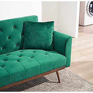 Eafurn Button Tufted Futon Bed, Modern Convertible Loveseat, Comfy Upholstered Folding Sofa & Couches with Armrest for Apartment, Compact Sofabed, Green Velvet 68.3" w/Wood Trim