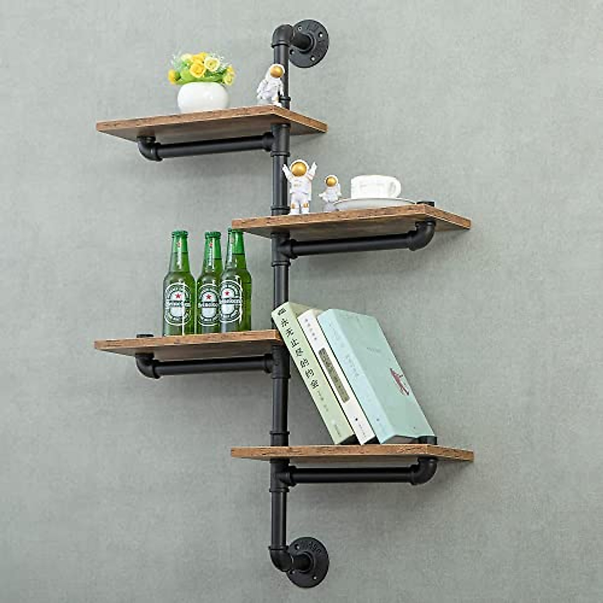 HEONITURE Industrial Pipe Shelving, Pipe Shelves with Wood Planks, Corner Floating Shelves Wall Mounted, Retro Rustic Industrial Shelf for Bar Kitchen Living Room