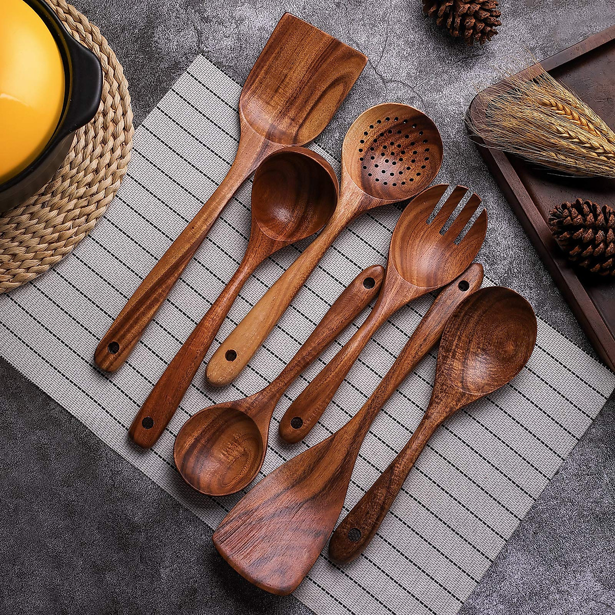 Wooden Non-Stick Kitchen Pan Toolset 7 Pieces Set,100% Natural Teak Kitchen Utensils Spatula, Wooden Cooking Utensils Spoons, Fried Spatula and Salad Fork