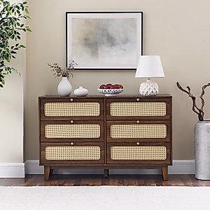NicBex Rattan Dresser for Bedroom Chest of Drawers with 6 Drawers,Modern Cannage Rattan Wood Closet Chest of Drawers,Rattan Storage Dresser for Closet, Bedroom,Living Room,Hallway,Natural Walnut
