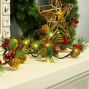 Dazzle Bright 6.5 FT Pine Cone Christmas String Lights, 20 LED Battery Operated Christmas Garland with Red Berry Pine Cone Fairy String Lights for Indoor Outdoor Xmas Fireplace Mantel Decorations
