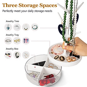 Inmorven Jewelry Tree Stand Organizer with Storage Box, White Display Holder for Necklaces Bracelets Earrings, with Clear Base Container