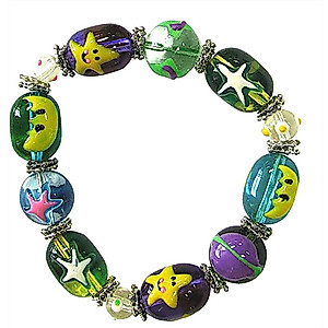 Linpeng GBP-062/070 2-Piece Fiona Hand Painted Moon Star Planet and Bees Glass Beads Stretch Bracelets
