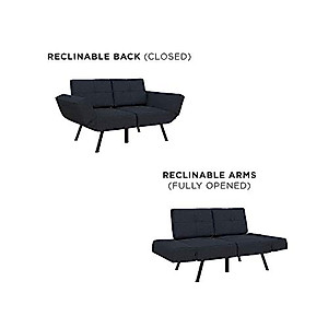 REALROOMS Euro Upholstered Tufted Loveseat Futon with Storage Pockets, Blue Linen