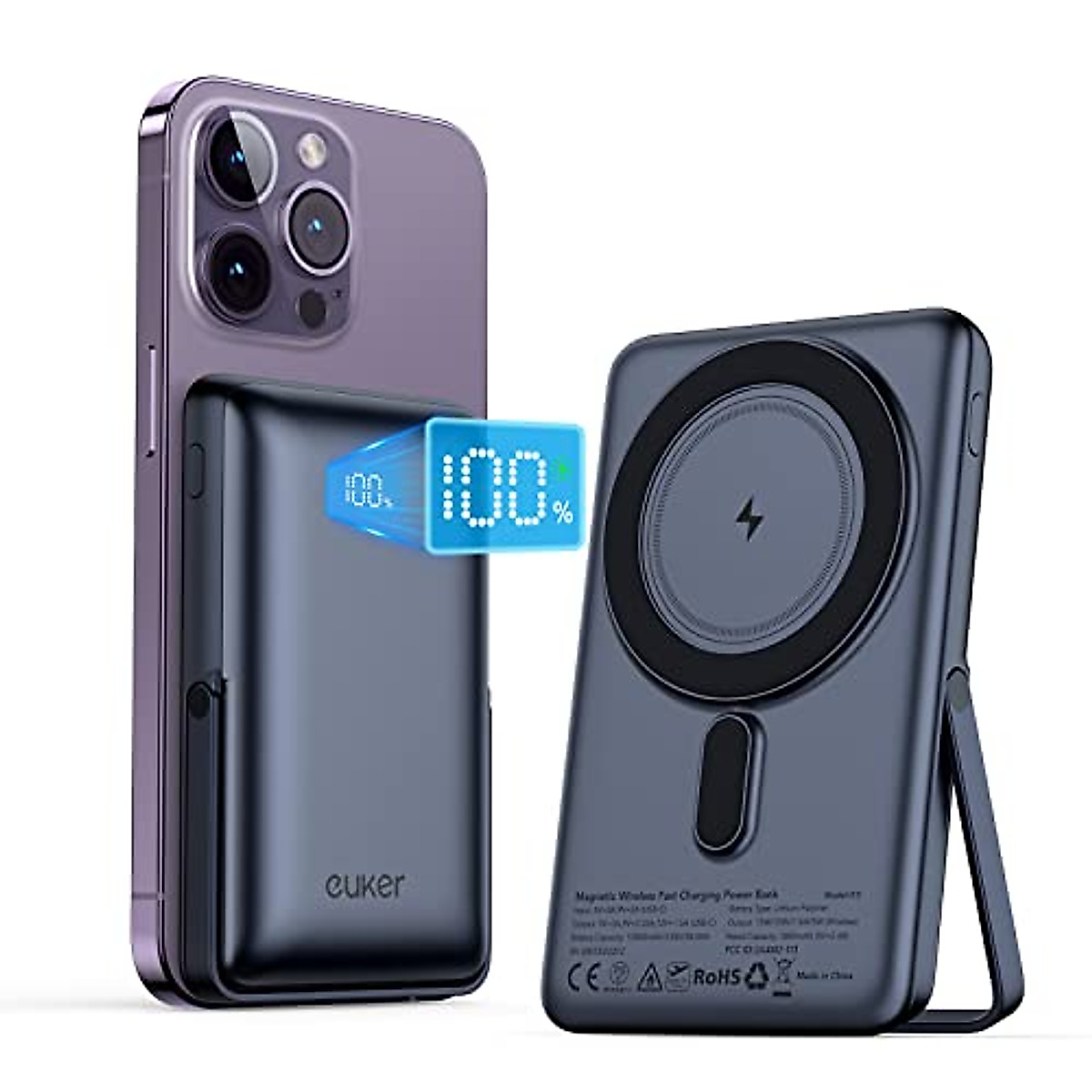 Euker Wireless Portable Charger 10000mAh Magnetic Power Bank PD 20W Mag-Safe Battery Pack with LED Display and Foldable Stand for iPhone 14/13/12 (Grey)