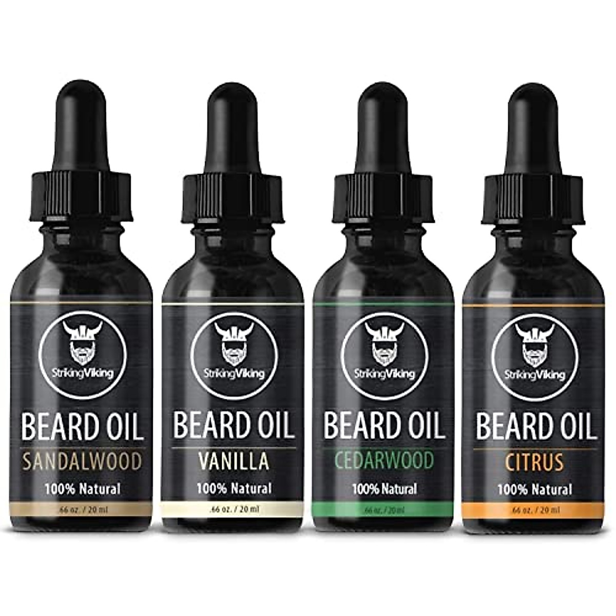 Striking Viking Beard Oil 4 Pack - Softening and Conditioning Beard Oil for Men - Citrus, Vanilla, Sandalwood, & Cedarwood Variety Scents - Enriched with Argan, & Jojoba Oils