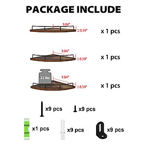 HORLIMER Floating Corner Shelf Wall Mount, Set of 3 Rustic Wood Corner Wall Shelves with Fence for Bedroom, Living Room, Bathroom, Kitchen, Brown