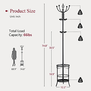 Tajsoon Coat Rack Stand with Umbrella Holder, Entryway Coat Hanger with 12 Hooks, for Living Room, Bedroom, Office