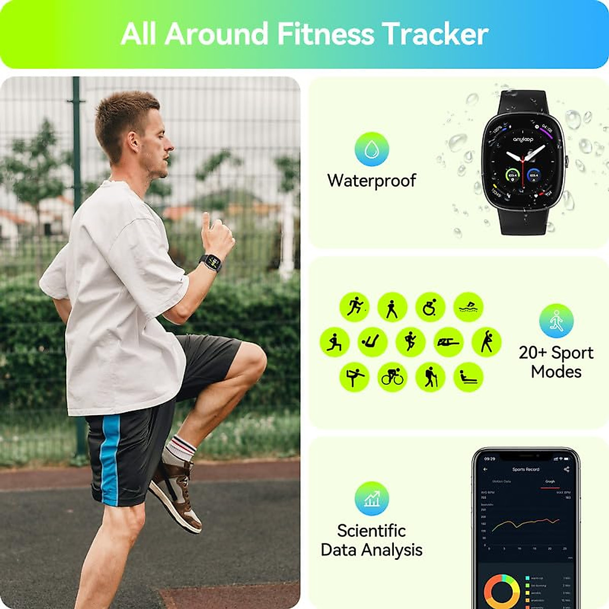 anyloop Smart Watches for Men Women with 24/7 Heart Rate Blood Oxygen Monitor Sleep Tracking, 46mm 1.3oz Step Calorie Counter Fitness Watch Activity Trackers for iOS and Android Phones