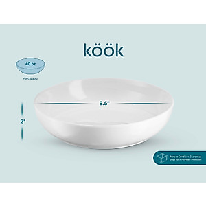 KooK Salad Bowl, Pasta Bowls, Soup, Serving Bowls, Ceramic, Large Capacity, Microwave & Dishwasher Safe, Set of 4, 40 Oz, (White)