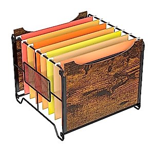 Oterri Hanging file box,Large Hanging File Organizer, Rustic Wood & Metal File Storage Organizer, Letter Size Hanging File Holder, Brown Filing Crate for Office&School (No Folders)