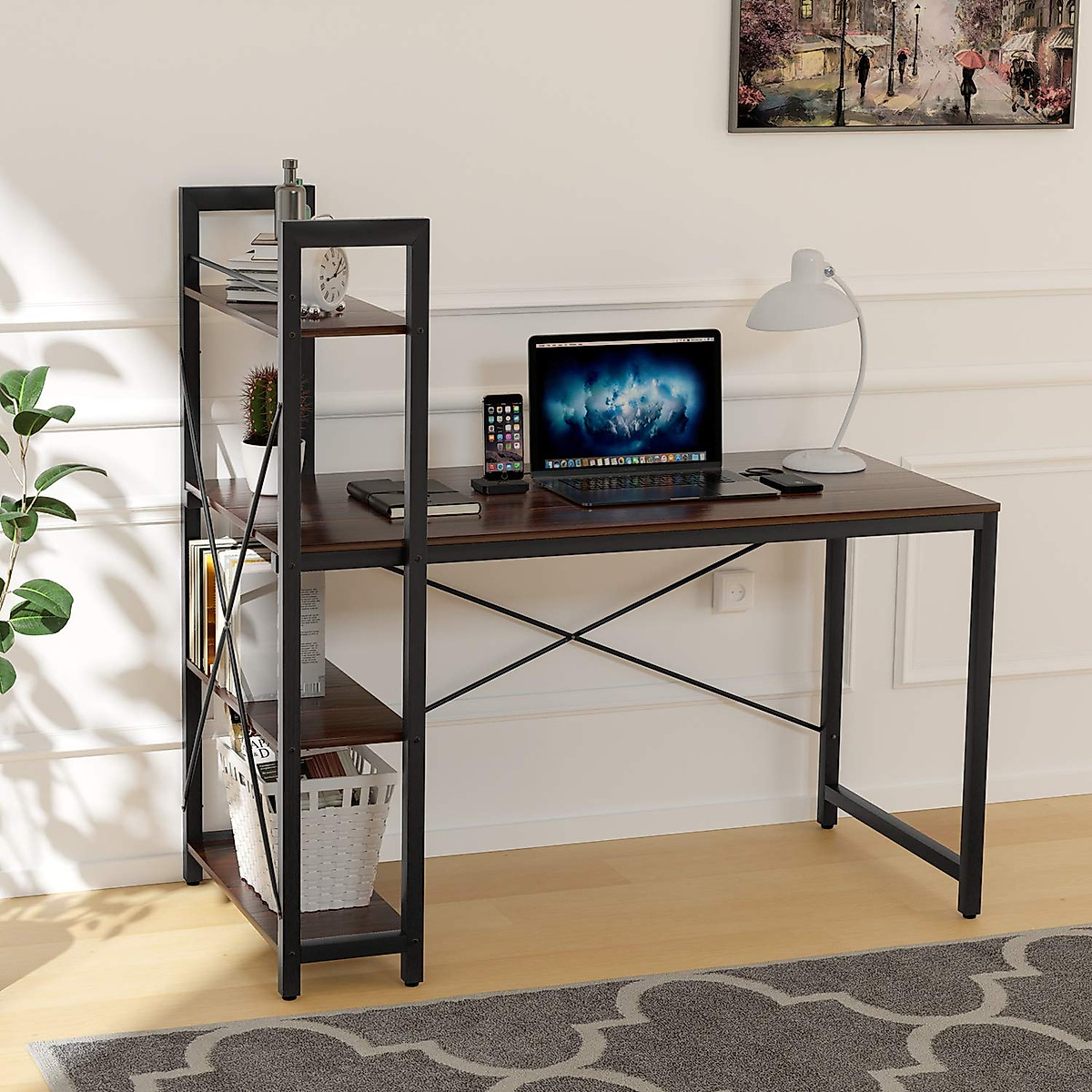 VADIM Computer Desk with Shelves, Modern Office Desk with 4-Tier Shelf, Durable Working Desk for Home, Bedroom, Office, Sturdy Writing Table with Storage Bookshelf, 47 Inches, Walnut