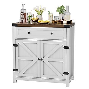 JUMMICO Coffee Bar Cabinet Farmhouse Kitchen Sideboard Buffet Cabinet with Drawer and Adjustable Shelf Barn Door Storage Cabinet for Kitchen, Dining Room, Bathroom, Entryway（White）