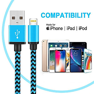 HDIIAOZ Phone Charger Founus Fast Charging Cable 6FT 3 Pack Nylon Braided High Speed Charging Cord Compatible with iPhone Xs X 8 8 Plus 7 7 Plus 6s 6s Plus 6 6 Plus iPad iPod Nano-(Blue,Orange,Green)