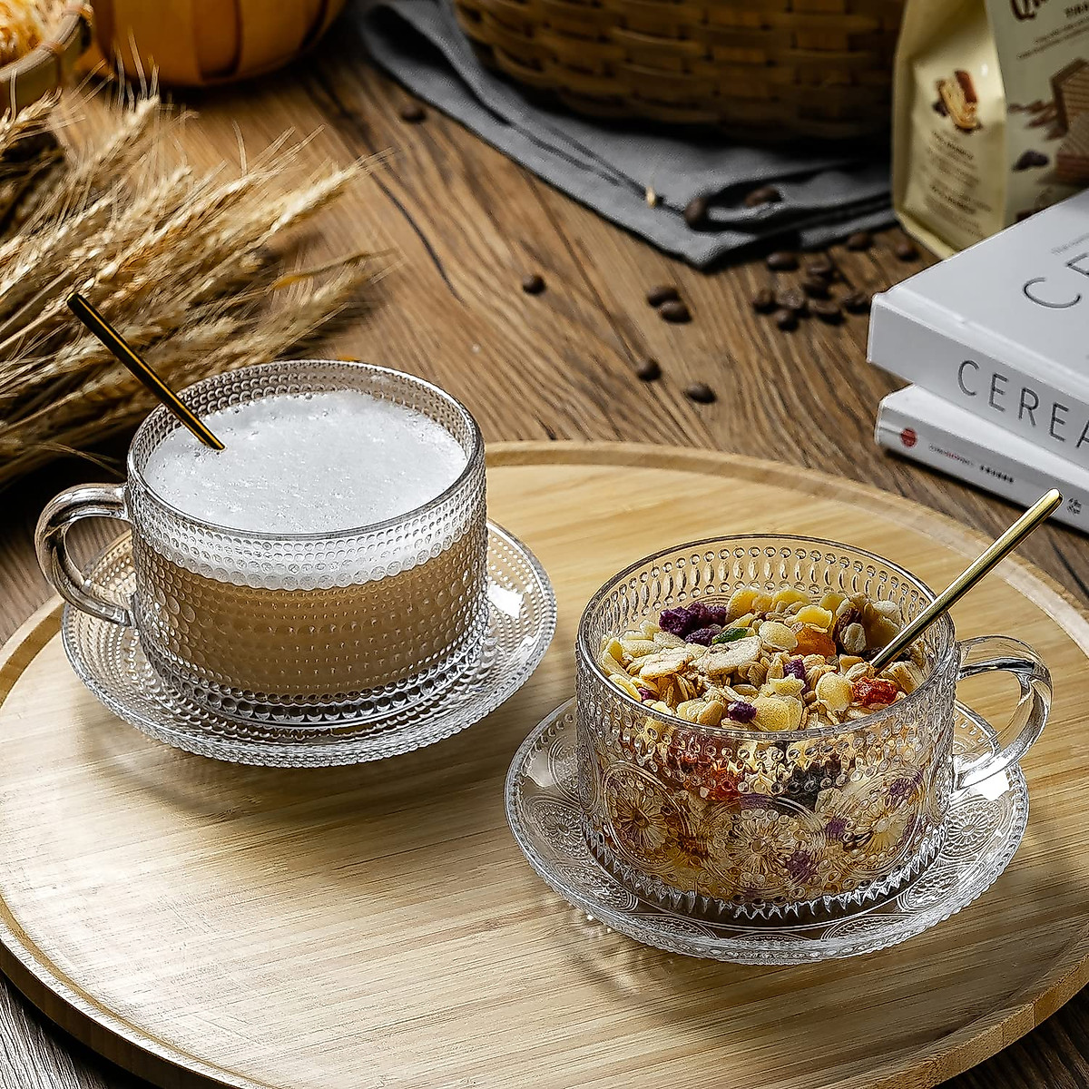 Gezzeny Vintage Coffee Mugs with Saucers 14 Oz Set of 2 Embossed Glass Cups, Tea Cups, Glass Coffee Cups for Cappuccino, Latte,Cereal, Beverage Birthday Valentine's Day Gifts