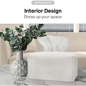 Carrotez Tissue Box Cover, [Refined] Modern PU Leather Rectangular Tissue Box Holder - Decorative Holder/Organizer for Bathroom Vanity Countertop, Night Stands, Office Desk 9.5"X5"X5" - White
