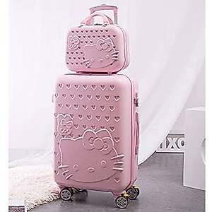 MUNROU Hello Girls Kitty Rolling Luggage Cute Pink Hardshell Carry On Suitcase with Wheels