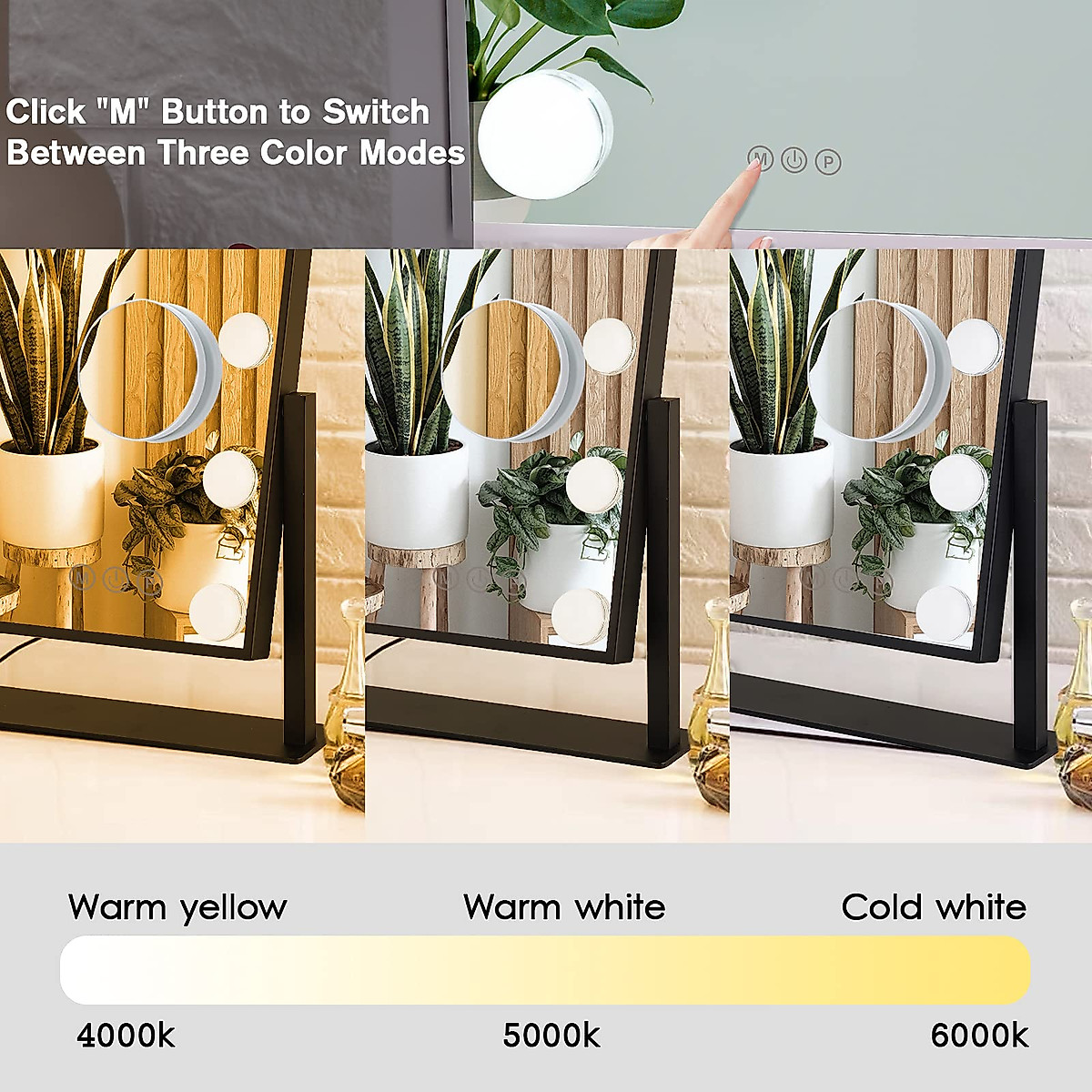 BWLLNI Lighted Makeup Mirror Hollywood Mirror Vanity Mirror with Lights, Touch Control Design 3 Colors Dimable LED Bulbs, Detachable 10X Magnification, 360°Rotation, Black.