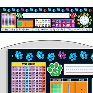 Really Good Stuff 24PK Paw Prints Self-Adhesive Deluxe Plastic Desktop Reference Nameplate with Letters, Numbers, Colors, 2-D and 3-D Shapes, 120 Grid, Left and Right, Base 10 and Time