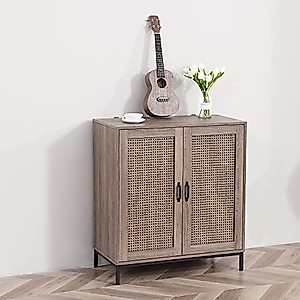 BIRASIL Sideboard Buffet Cabinet, Rustic Storage Cabinet with Rattan Doors for Entryway/Hallway, Accent Liquor Cabinet for Home Kitchen Living/Dinning Room (Natural Oak)