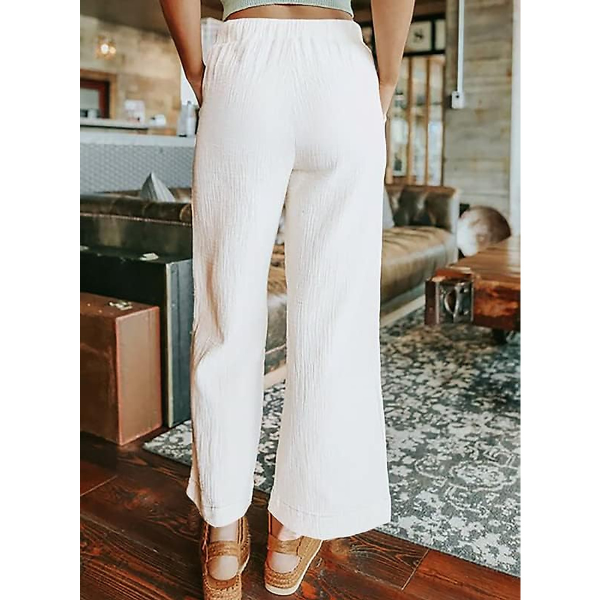 Dokotoo Women's Ladies Plus Size Fashion Summer Beach Casual Linen Elastic High Waisted Drawstring Comfy Elegant Wide Leg Loose Work Office Long Palazzo Pants for Women Trousers with Pockets White M